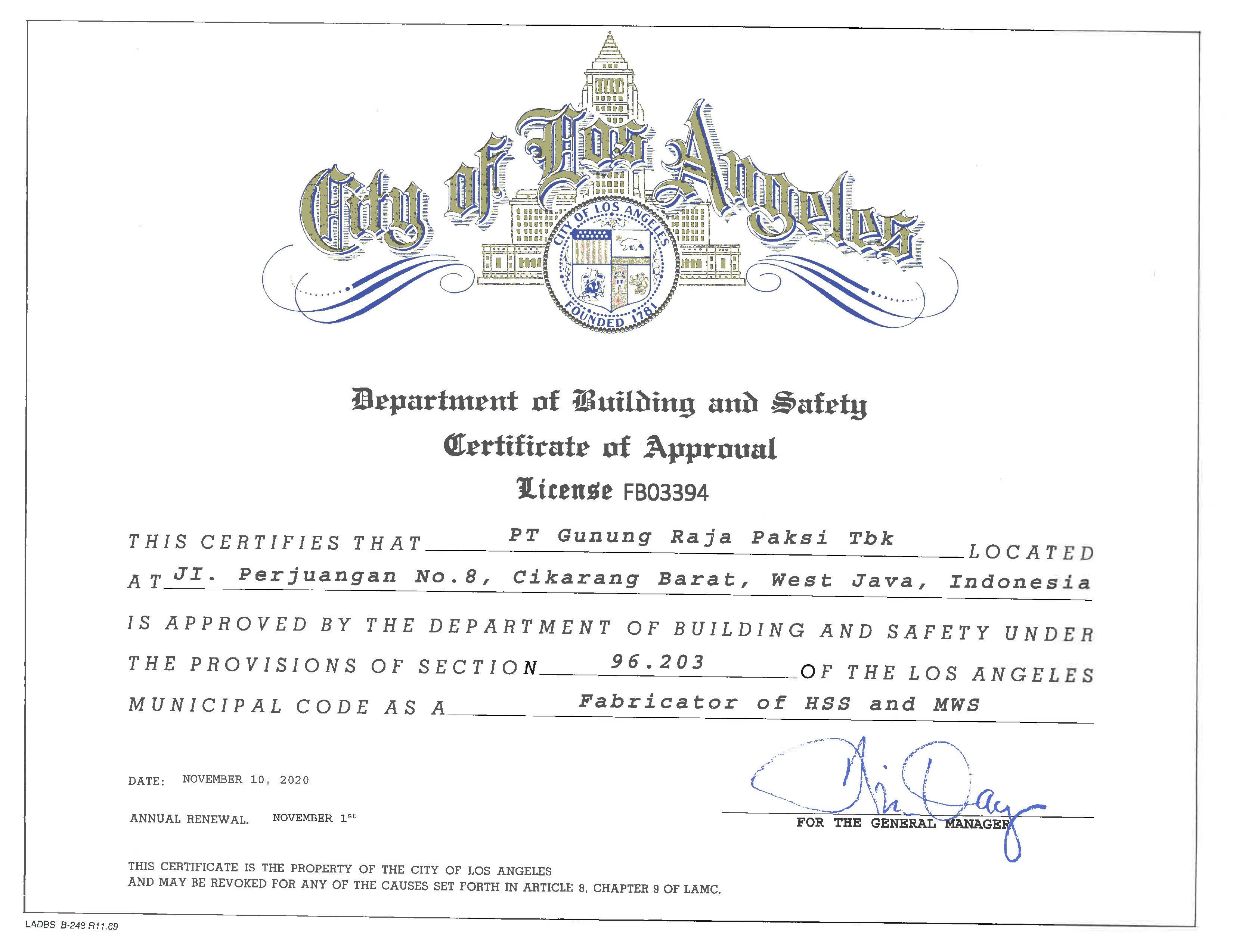 Certification - PT Gunung Raja Paksi Tbk